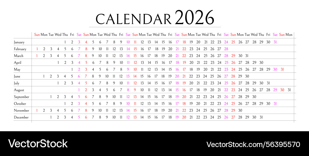 Simple 2026 year calendar template with clean Vector Image