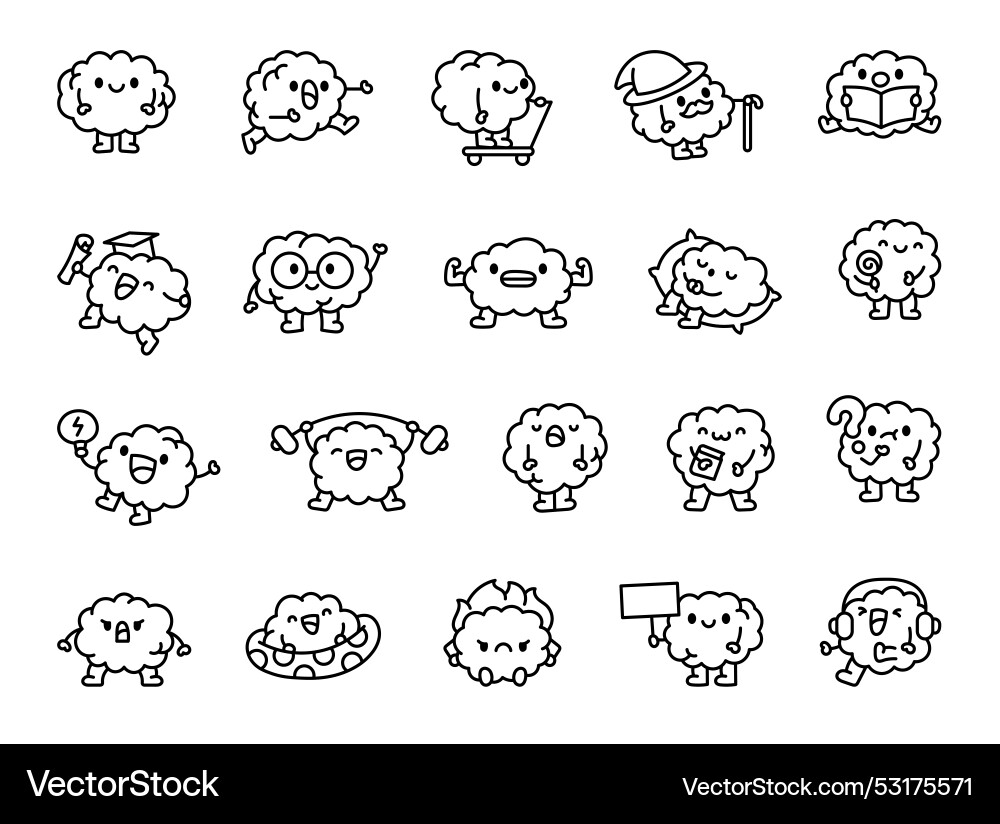 Cute brain character coloring page smart organ Vector Image