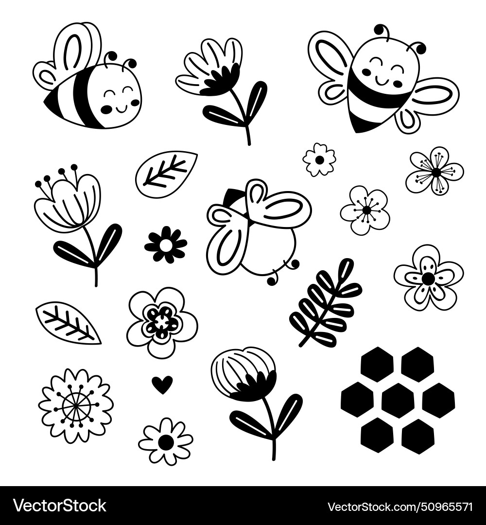 Set isolated with cute outline bees flowers Vector Image