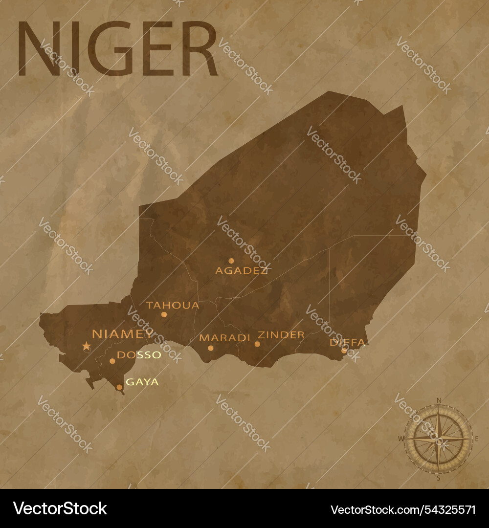 Vintage niger map with regions borders and major Vector Image