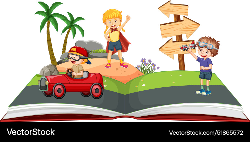 Kids exploring with car and signposts Royalty Free Vector