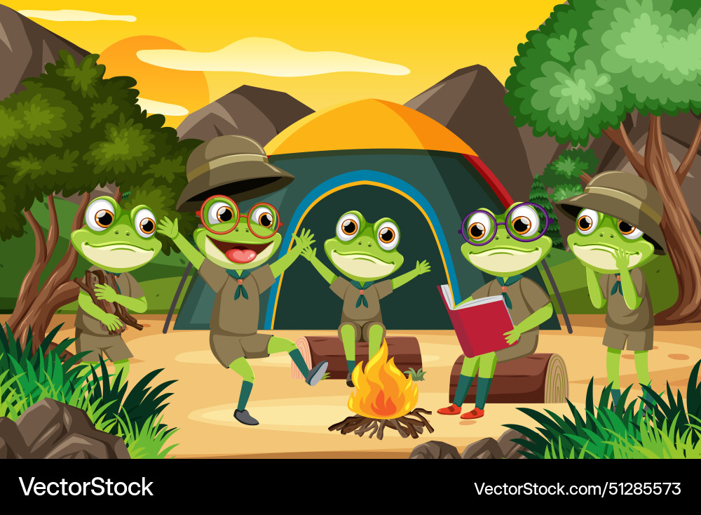 Frogs enjoying a campfire in the wilderness Vector Image