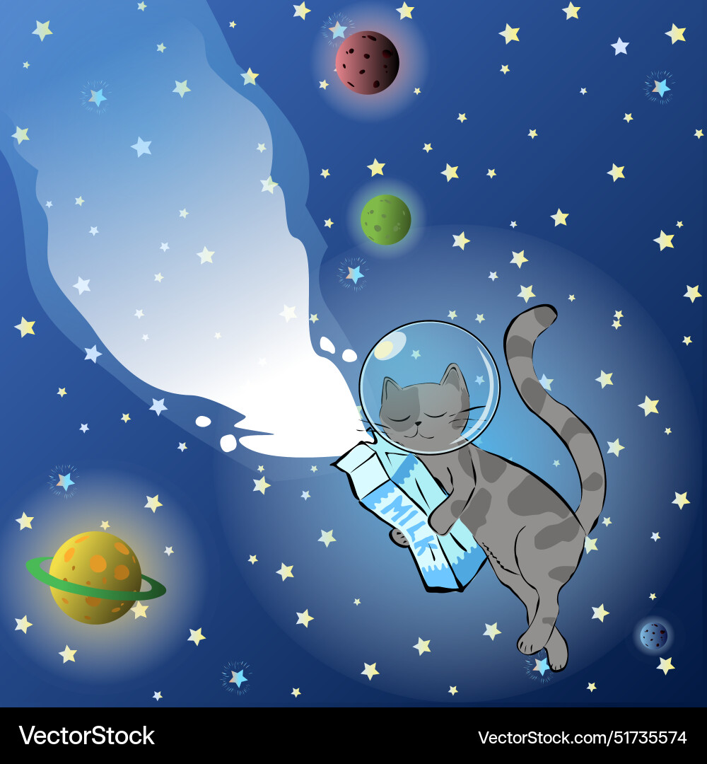 A spotted ginger cat with milk flies in space Vector Image