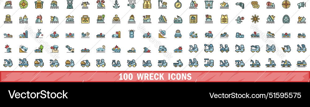 100 wreck icons set color line style Royalty Free Vector