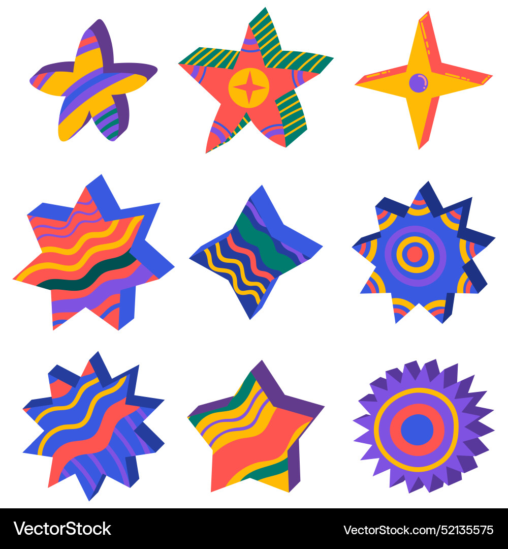 Colorful ornamental pseudo 3d star collection Vector Image