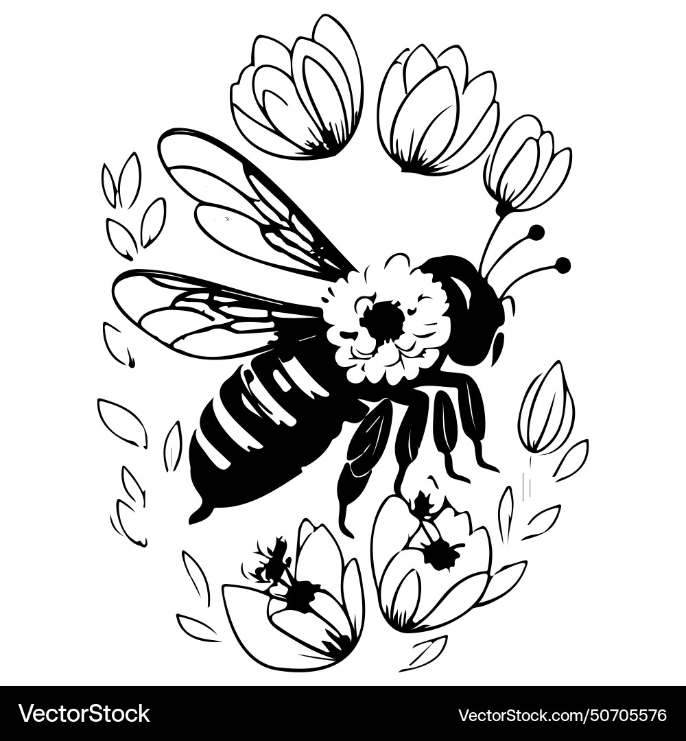 Bee on flower spring sketch hand draw Royalty Free Vector