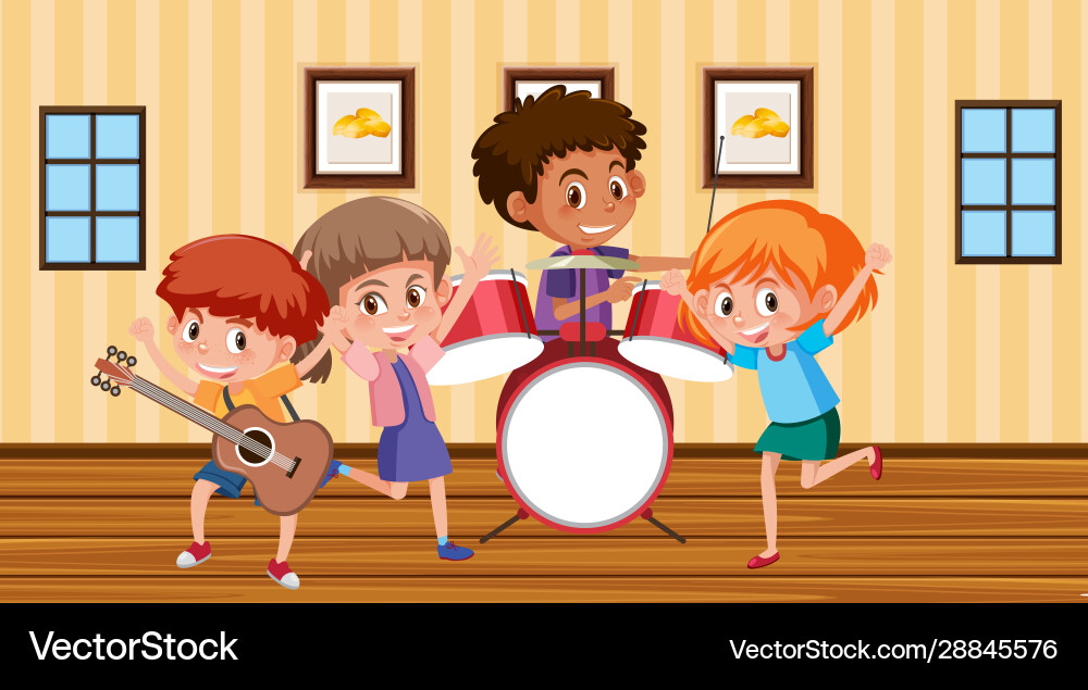 Scene with kids playing in band Royalty Free Vector Image