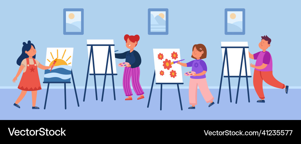 Cartoon kids at drawing lesson flat Royalty Free Vector