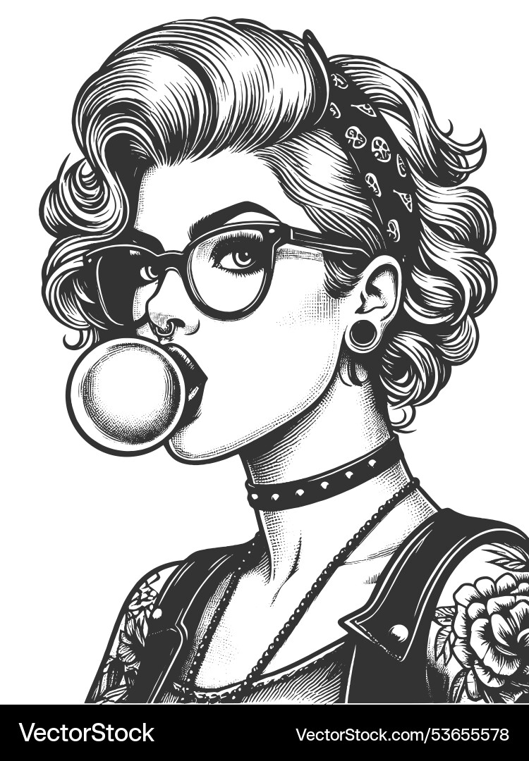 Punk woman chewing bubblegum engraving Royalty Free Vector