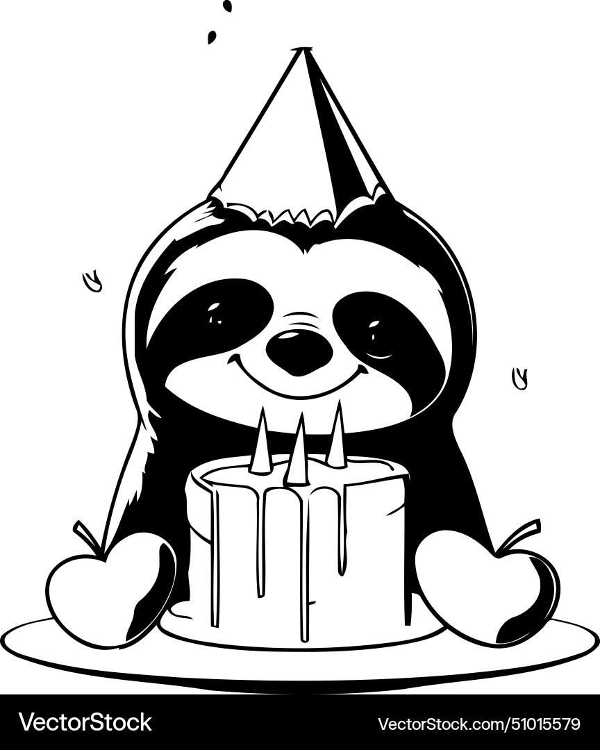 Cute cartoon sloth in birthday hat with cake Vector Image
