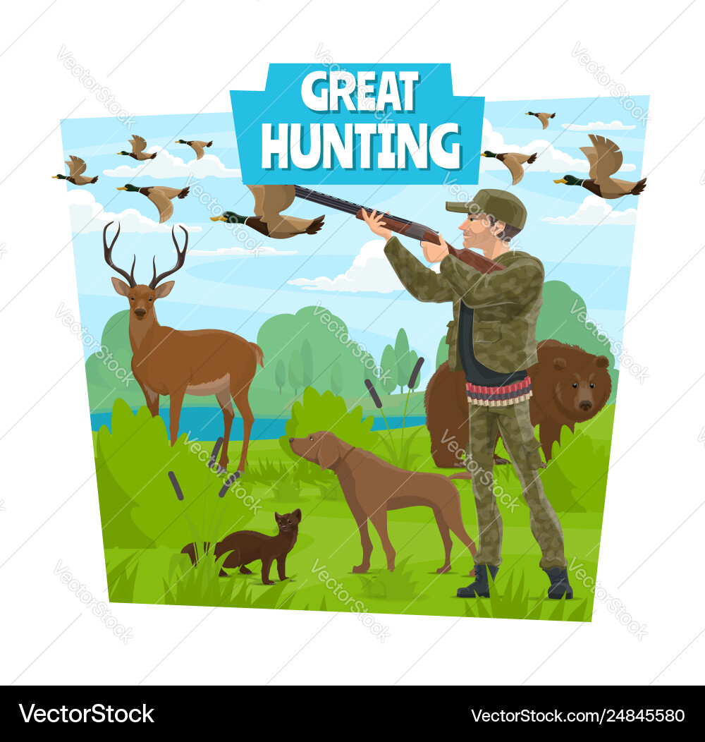 Hunting adventure hunter and wild animals Vector Image