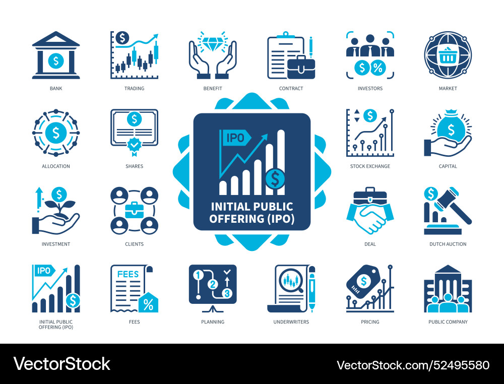 Initial public offering solid icon set Royalty Free Vector