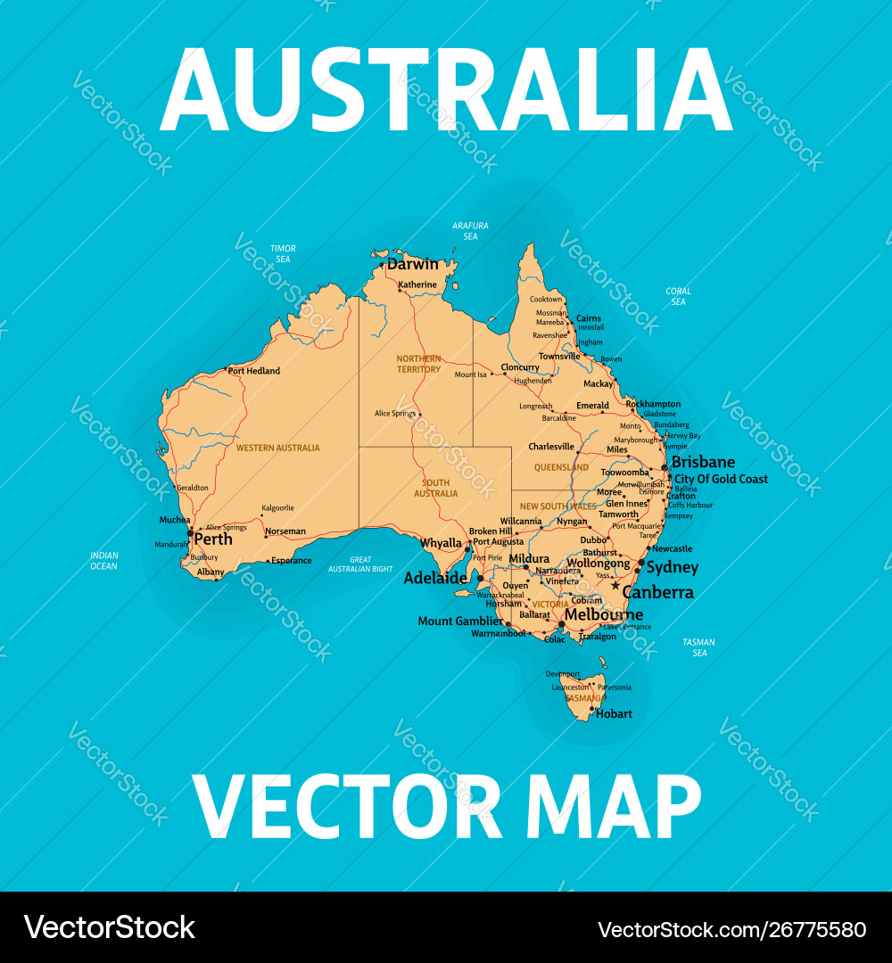 Map australia with states cities rivers Royalty Free Vector