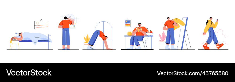Morning routine of young man flat character set Vector Image