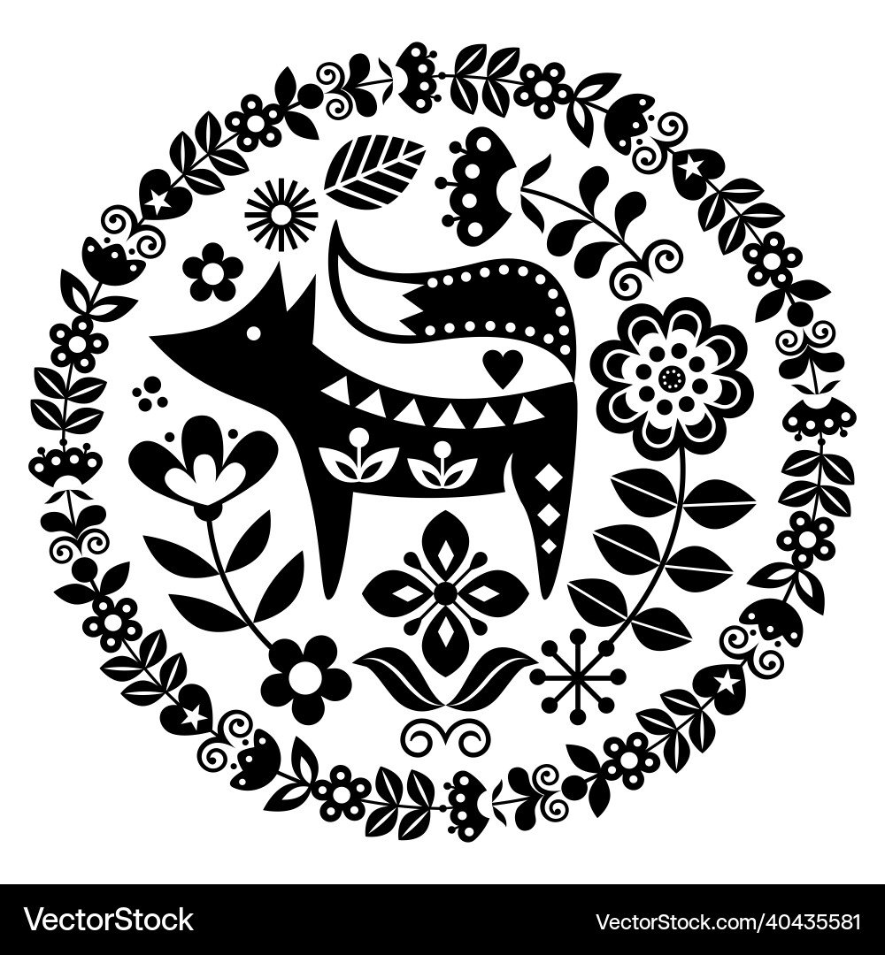 Scandinavian Folk Art Round Fox Ornament Vector Image