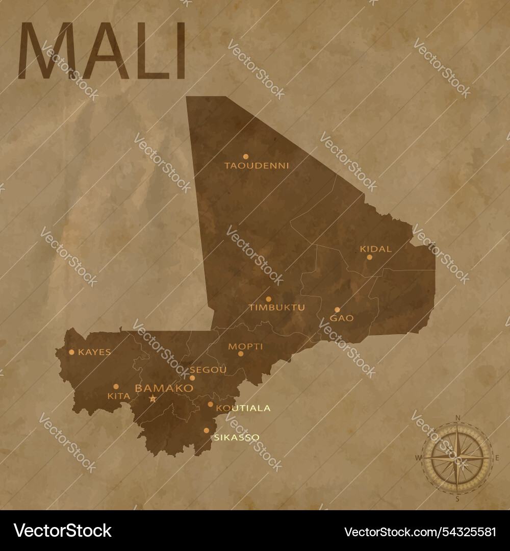 Vintage mali map with regions borders and major Vector Image