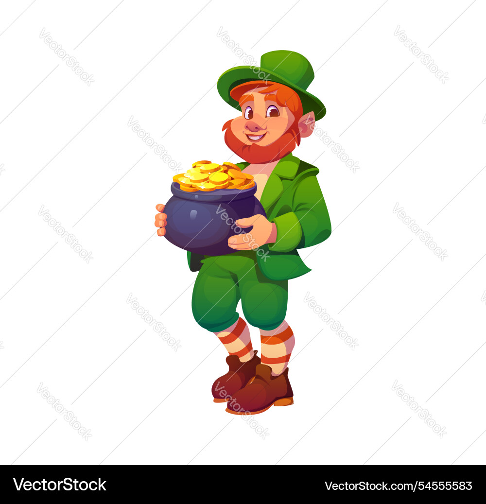 Cartoon irish leprechaun with cauldron with coins Vector Image