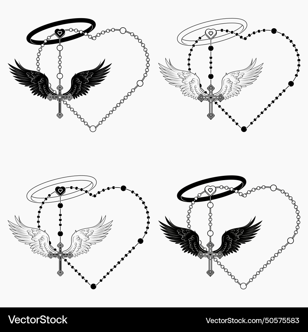 Winged christian cross with heart-shaped rosary Vector Image Winged christian cross with heart-shaped rosary Vector Image