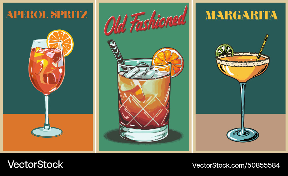 Cocktails retro poster set wall art Royalty Free Vector