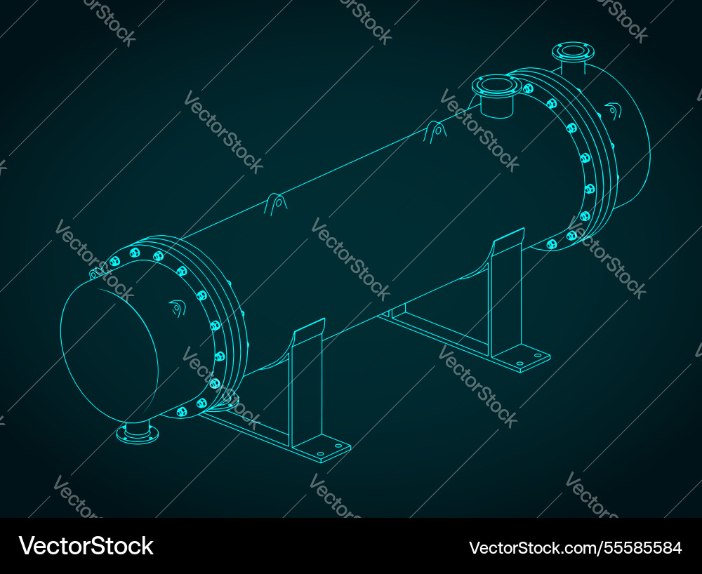 Shell and tube heat exchanger isometric blueprint Vector Image