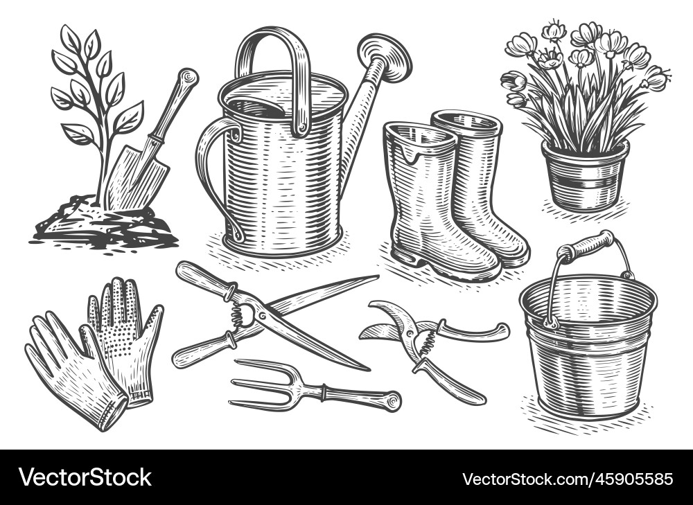 Gardening concept hand drawn garden items set Vector Image