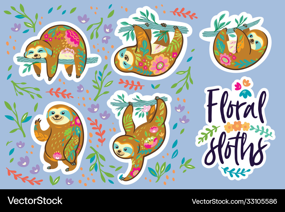 Beautiful floral sloths sticker set Royalty Free Vector