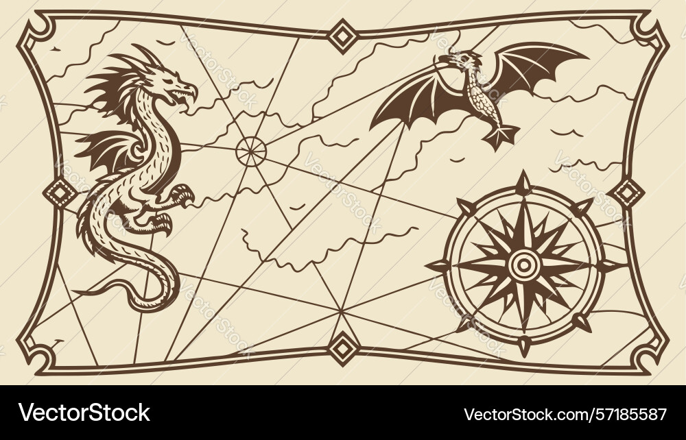 Ancient dragon map with compass and mythical Vector Image