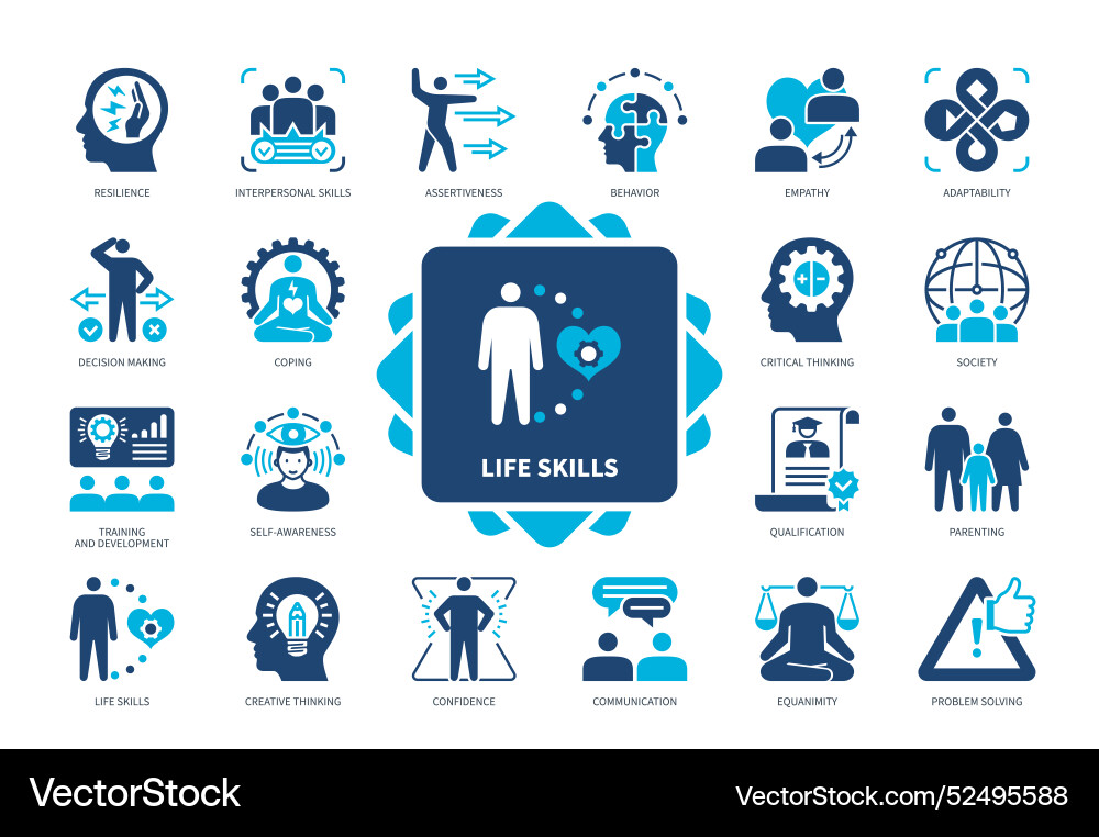Life skills solid icon set Royalty Free Vector Image