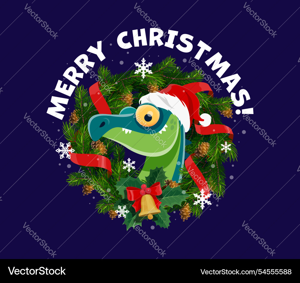 Playful dinosaur in santa hat in christmas wreath Vector Image