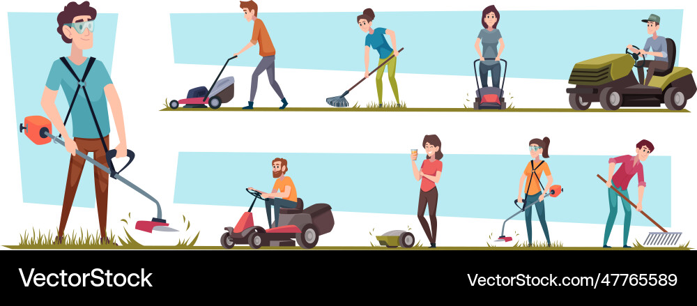 Garden care people with lawn moving machine Vector Image