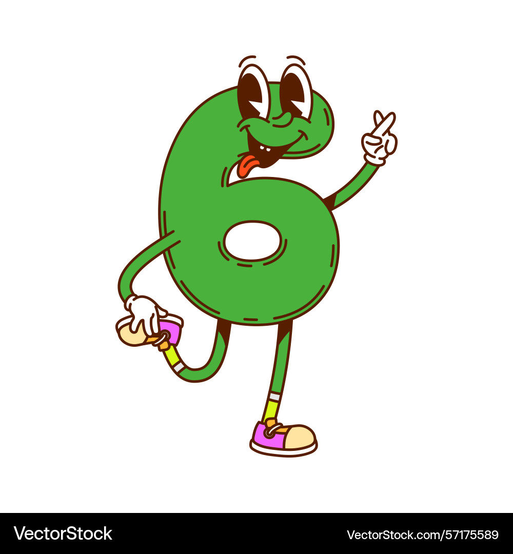 Groovy number 6 cartoon funny math character Vector Image