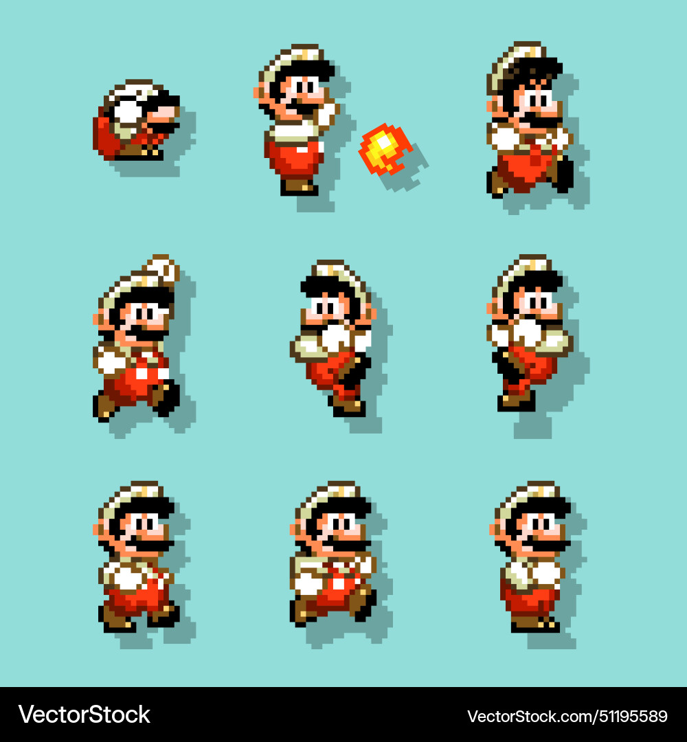 Set of fire mario moves art super world Royalty Free Vector