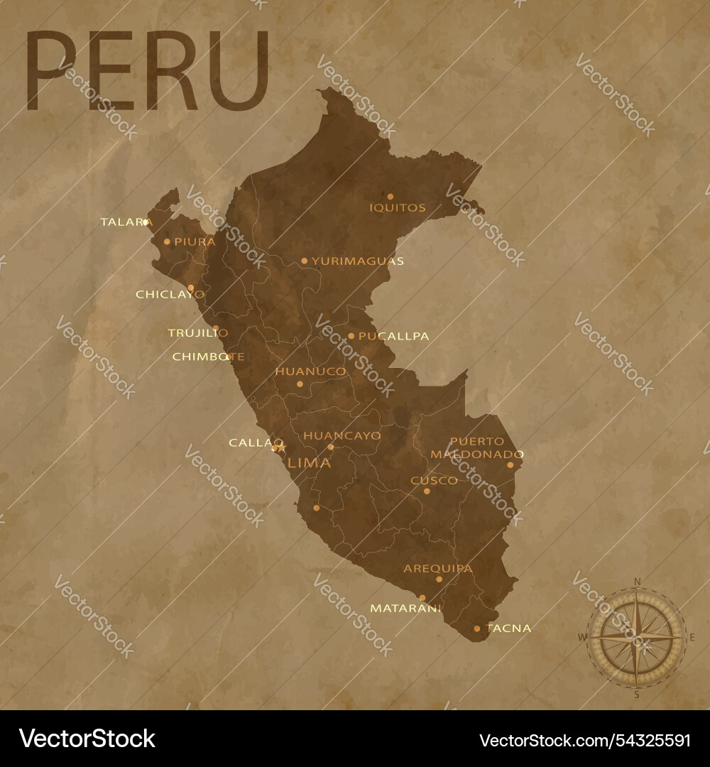 Vintage peru map with regions borders and major Vector Image