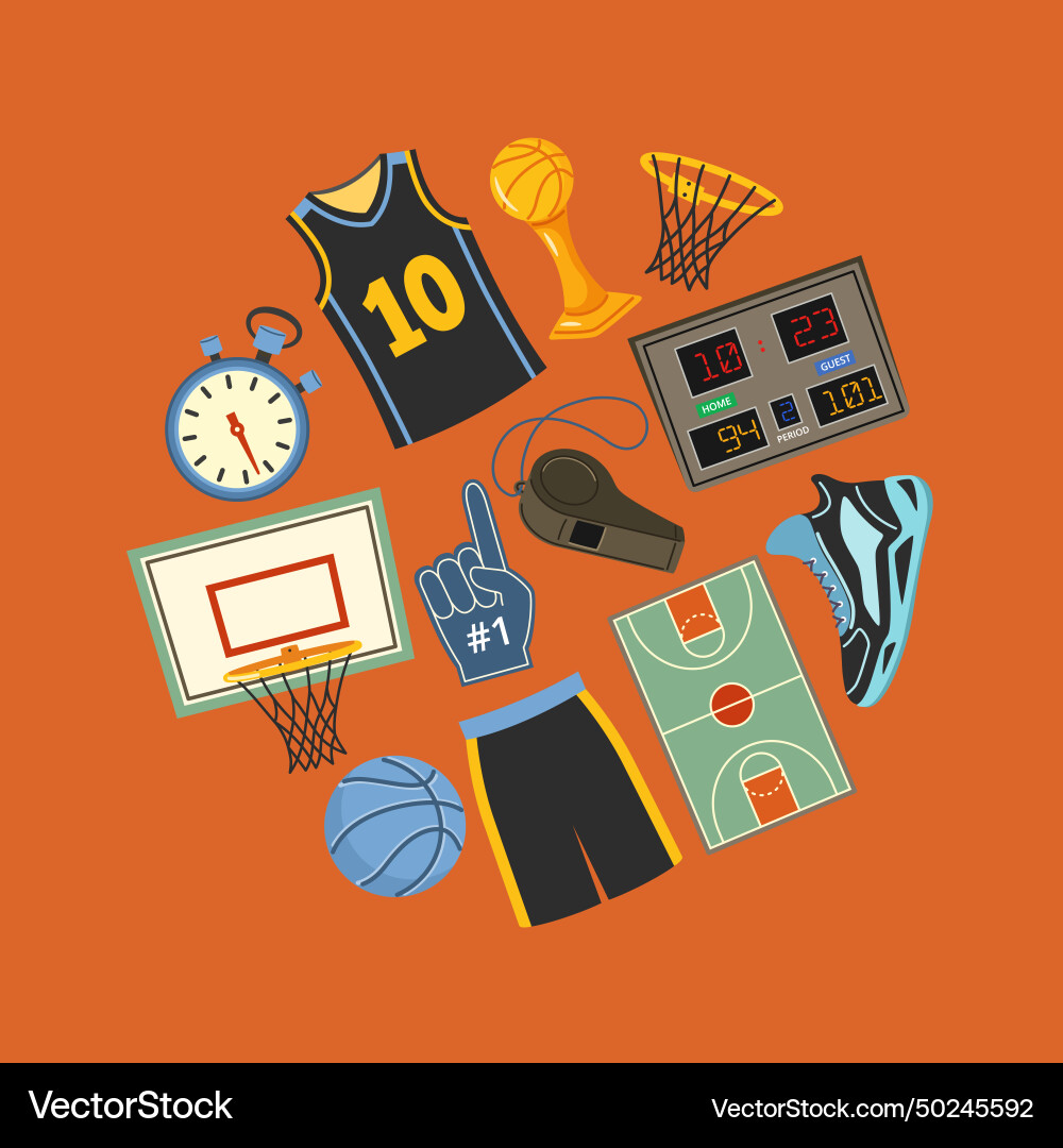 Basketball icons circle game equipment Royalty Free Vector