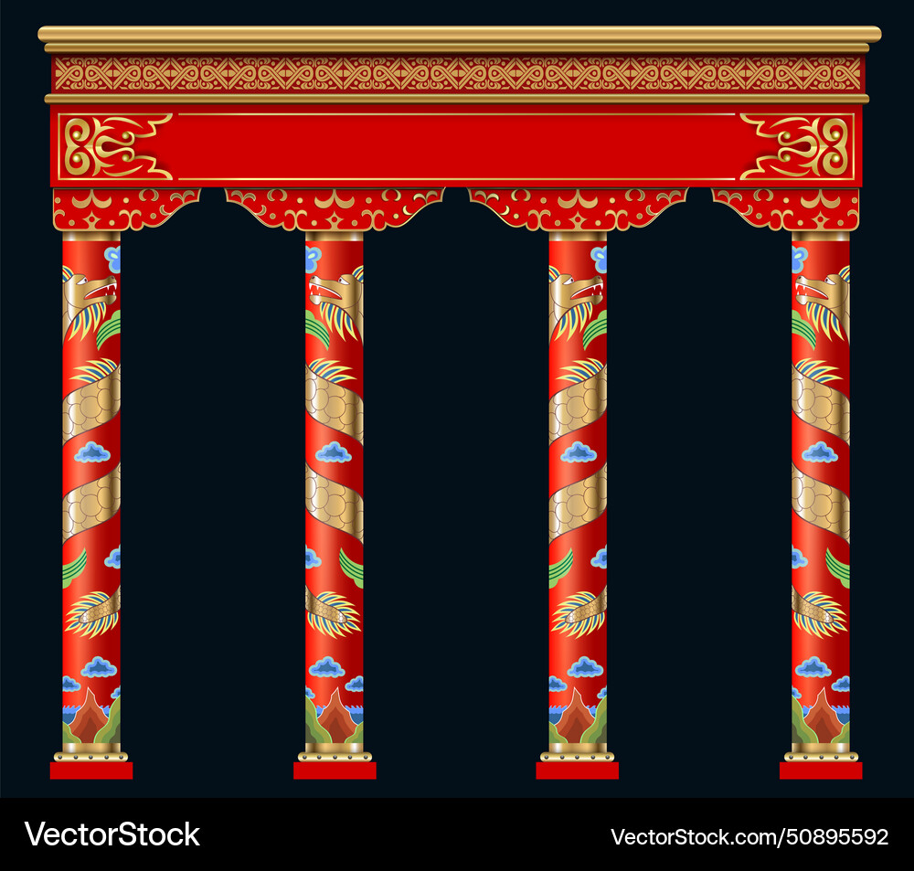 Eastern chinese arch carved red gold columns Vector Image