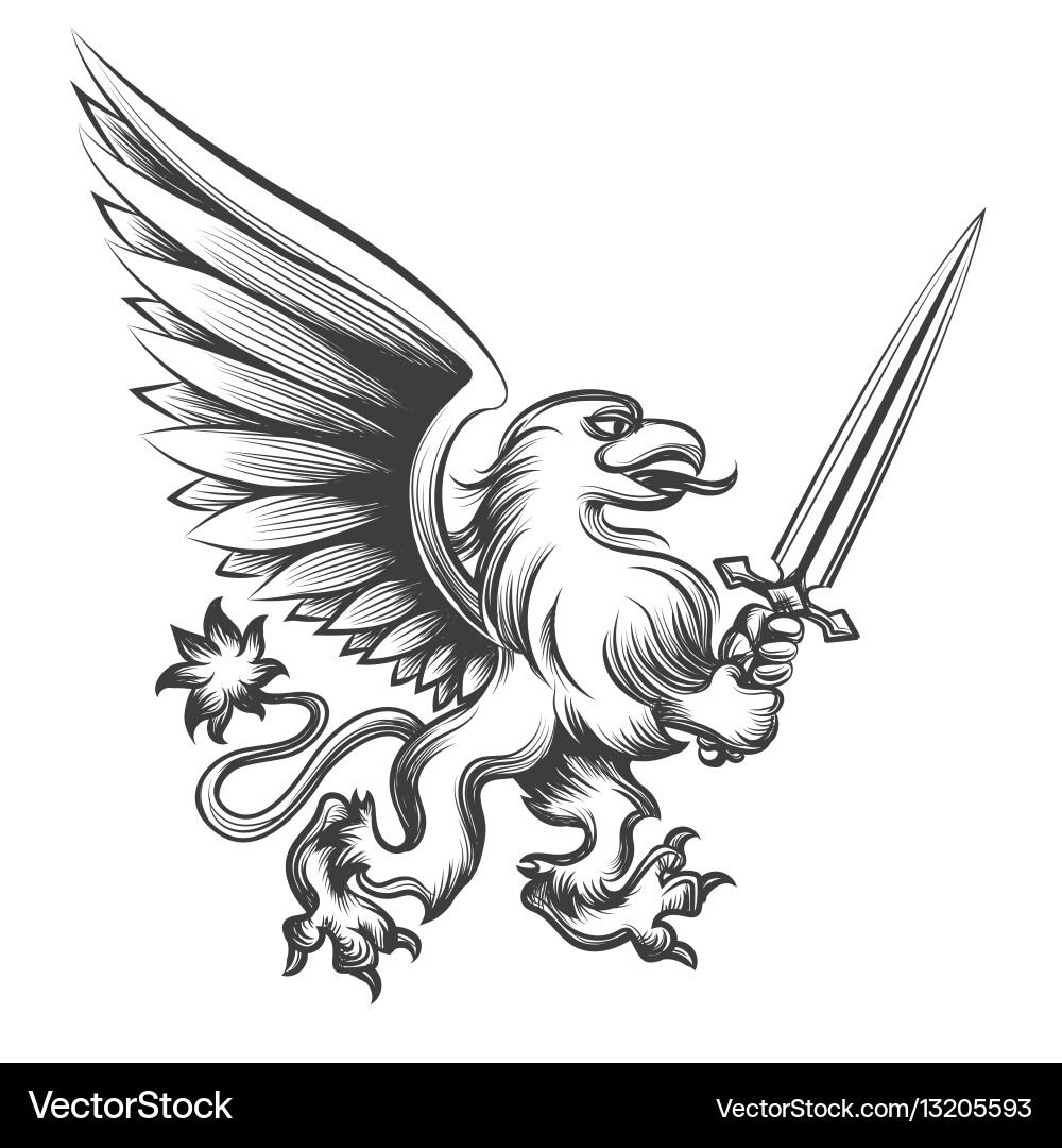 Engraving griffin with sword Royalty Free Vector Image
