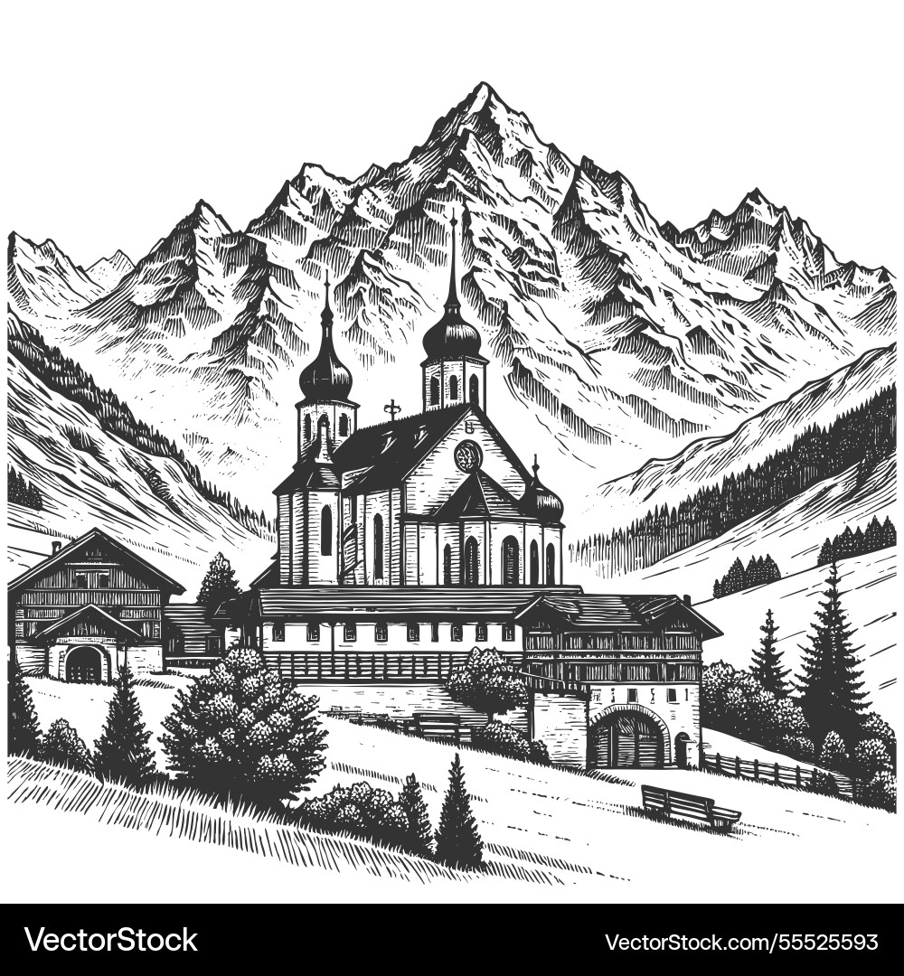 Mountain monastery engraving Royalty Free Vector Image