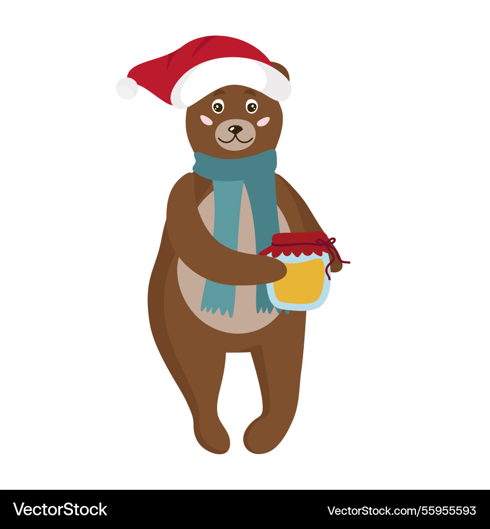 Ute christmas bear in a red hat with jar Vector Image