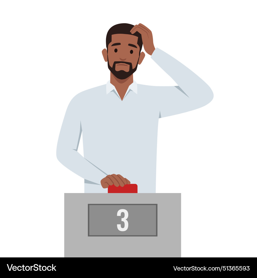 Young man thinking and holding button on question Vector Image