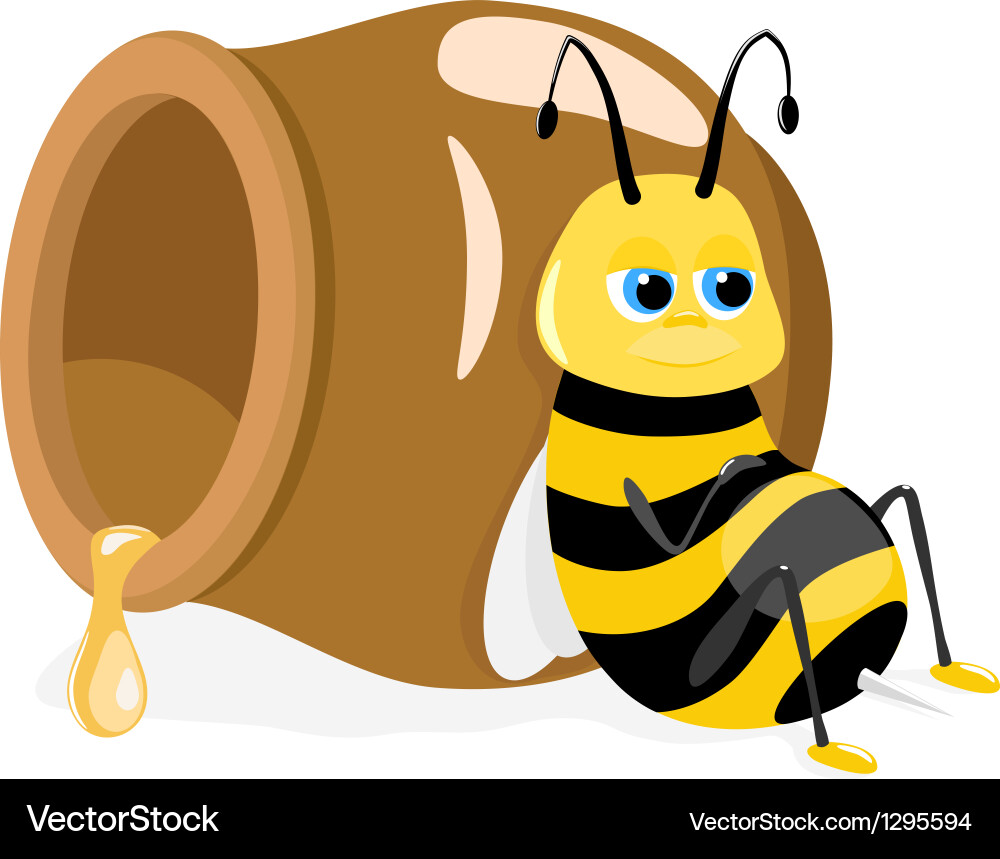 Cartoon bee sitting about honey pot on white Vector Image