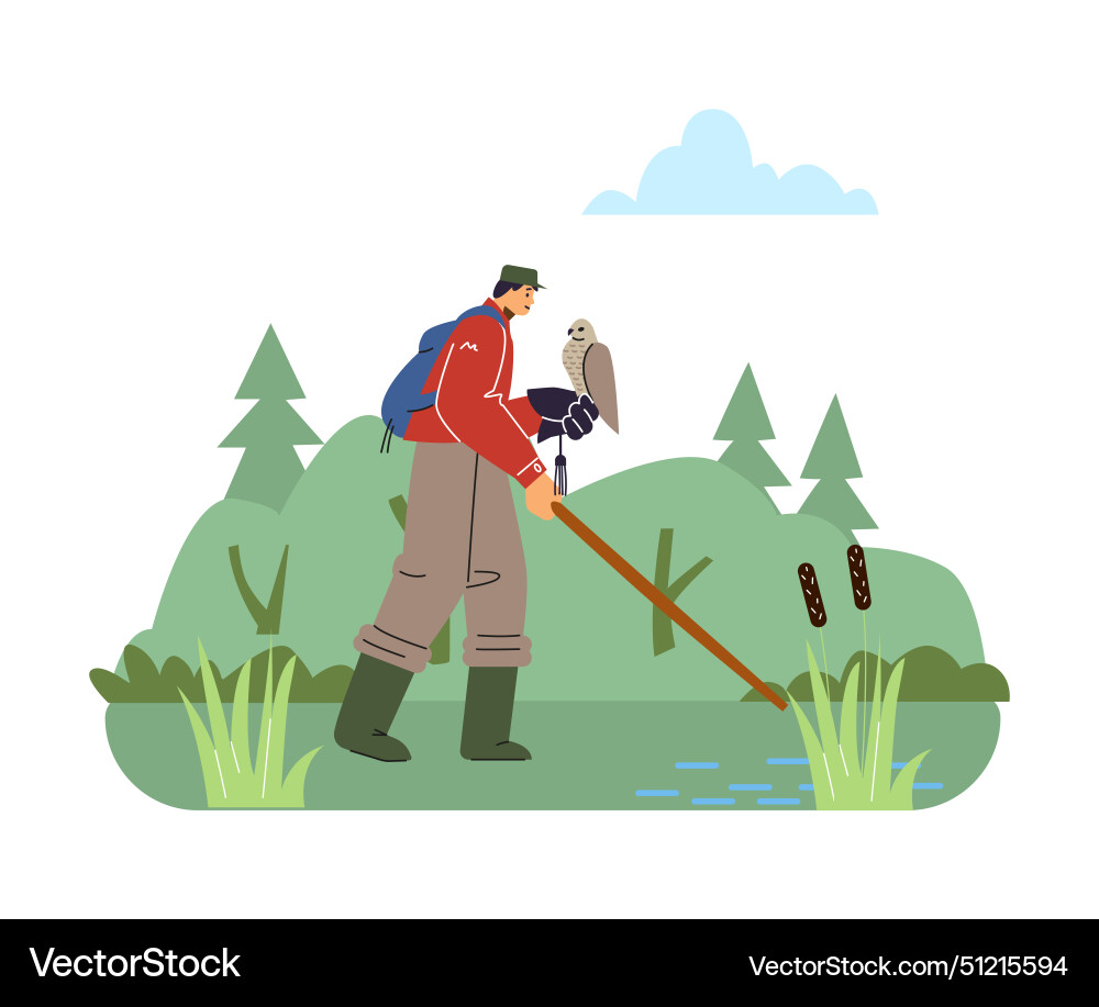Falconry man and falcon flat cartoon Royalty Free Vector