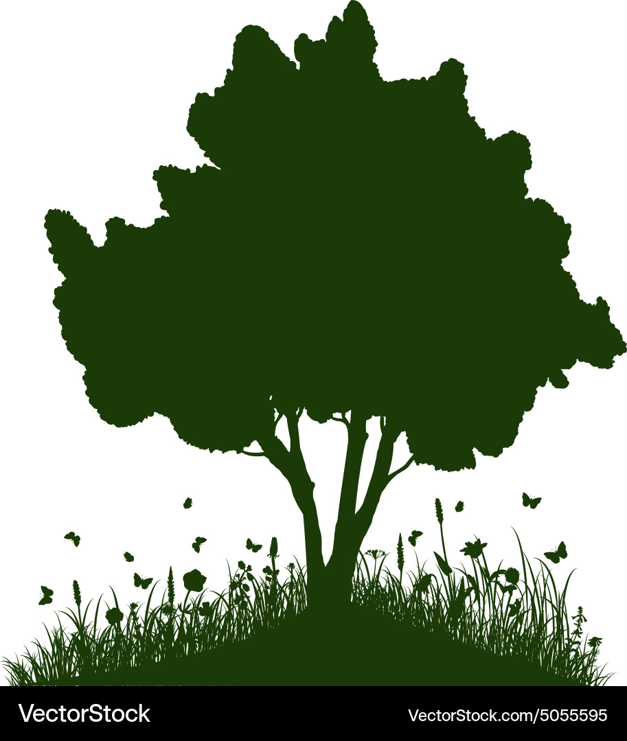 Tree on a hill with grass and butterflies Vector Image
