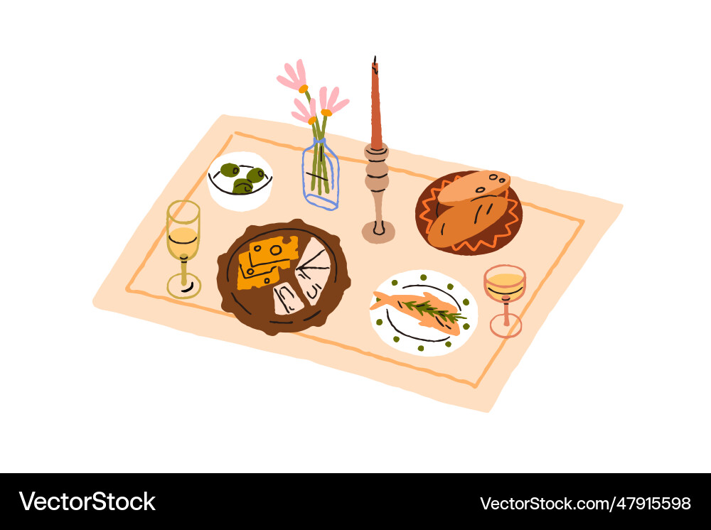 Dinner table served with dishes food and drinks Vector Image