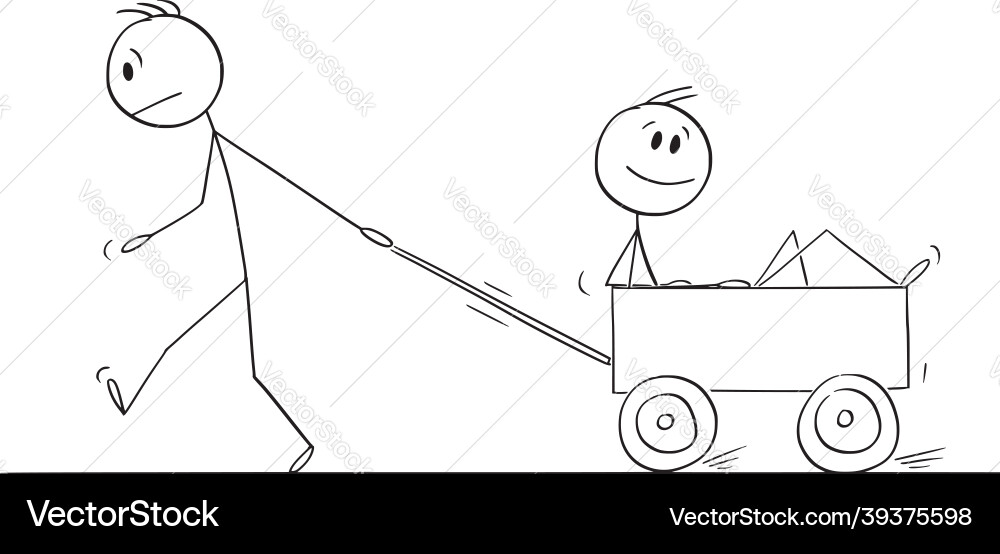 Person or boy pulling another man in cart cartoon Vector Image