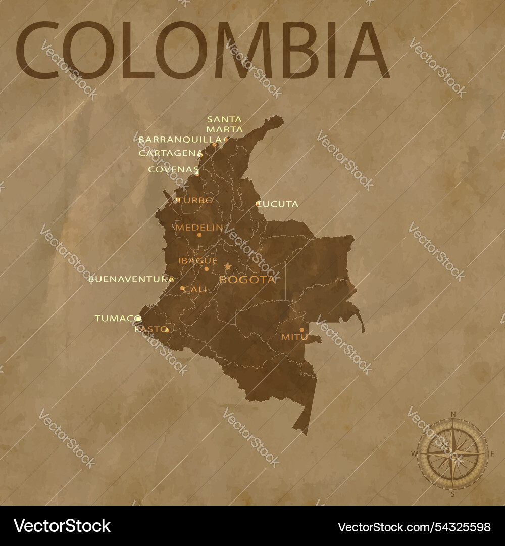 Vintage colombia map with regions borders Vector Image