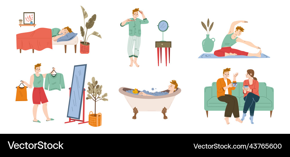 Everyday life routine of man flat character set Vector Image