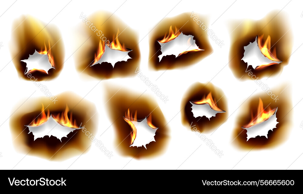 Realistic burn paper holes with fire flames Vector Image
