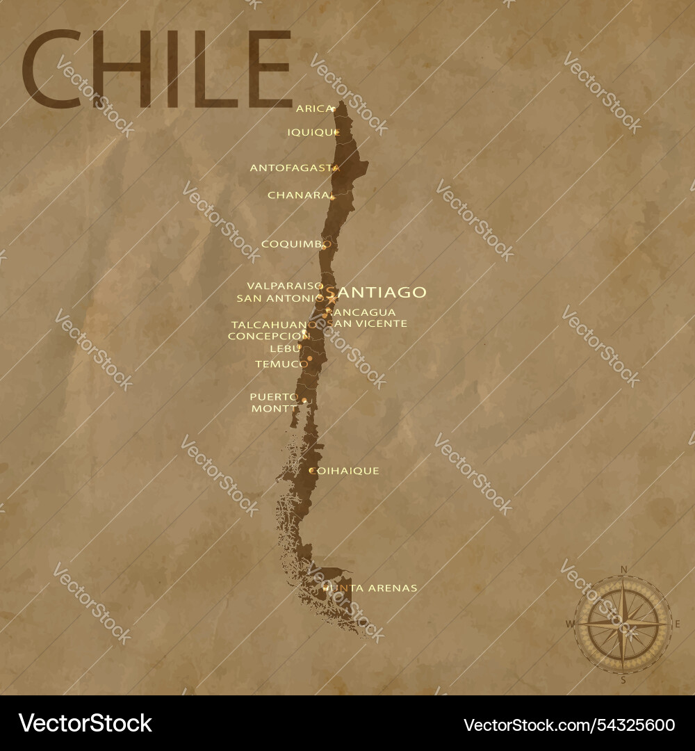 Vintage chile map with regions borders and major Vector Image