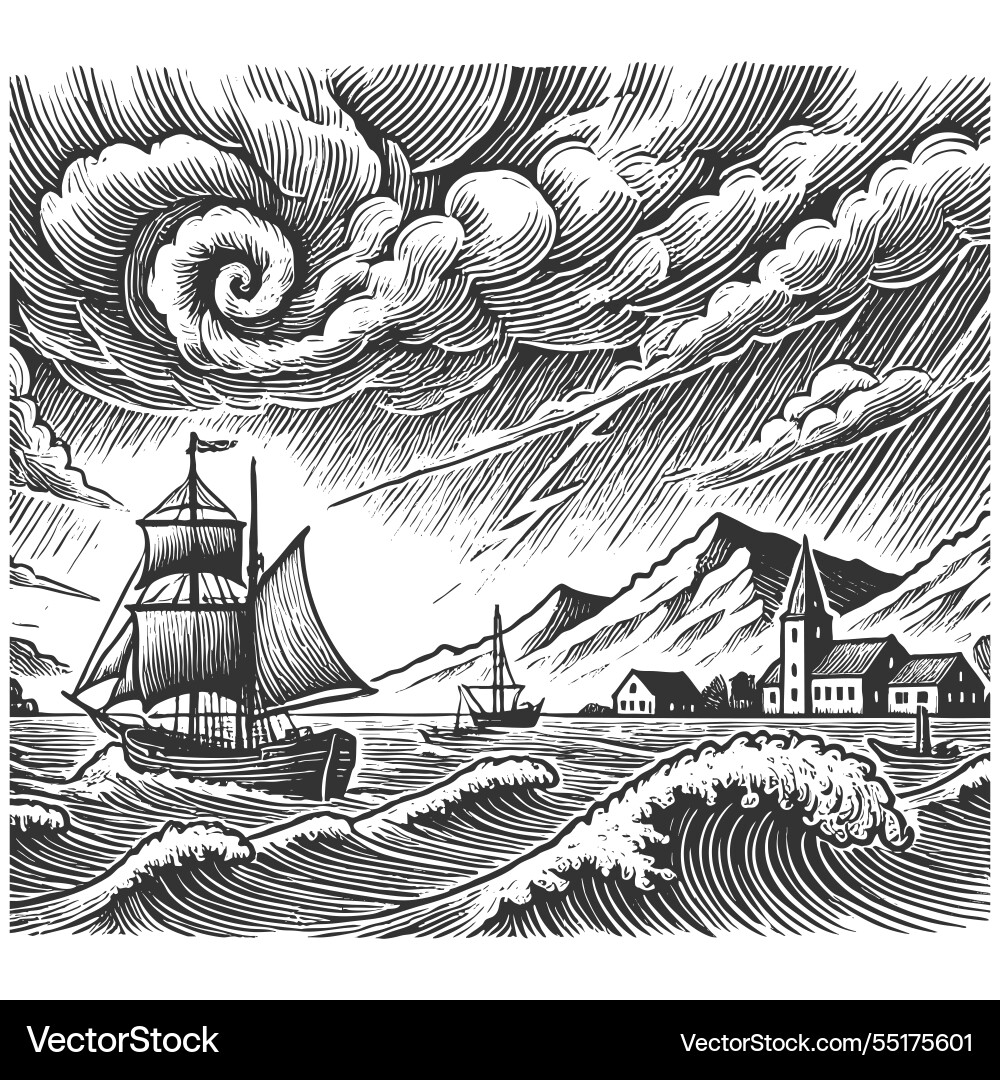 Tall ships sailing through storm Royalty Free Vector Image