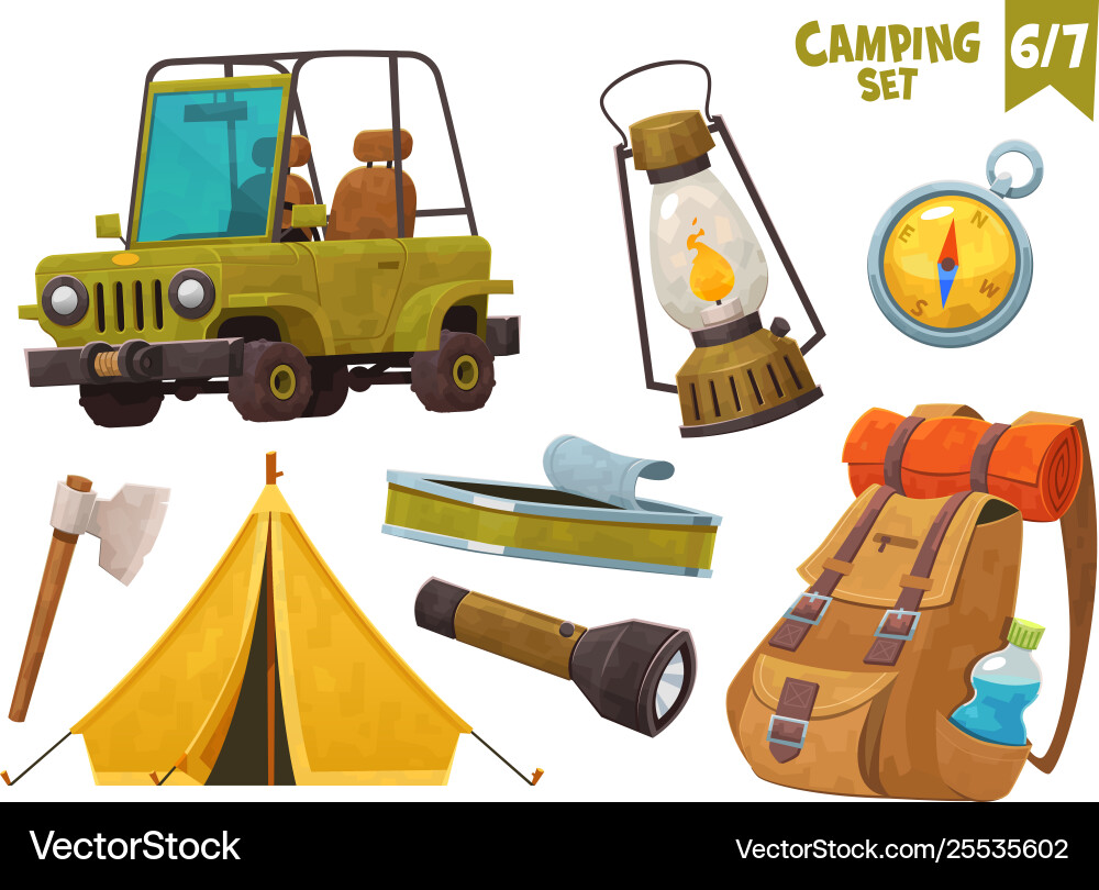Car tent axe compas backpack flashlight camping Vector Image